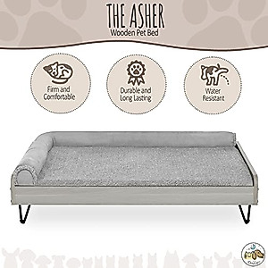 Wooden Dog Bed with Water Resistant Mattress, Large to Extra Large Elevated Pet Bed With Calming Mattress, Greenguard Gold Certified, Modern Dog Couch, Silver, Asher - TailZzz