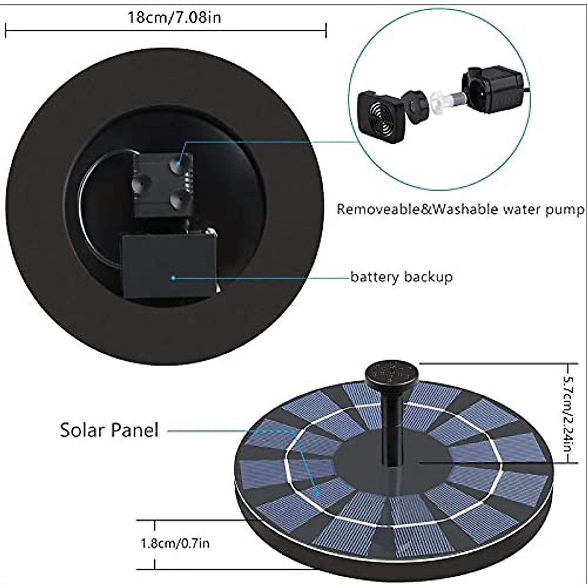 Floating Solar Fountain Pump,Circle Solar Powered Bird Bath Fountain Free Standing Solar Pond Pump with 1200mah Battery Backup,6 Nozzles Solar Fountain for Aquarium Outdoor Garden-Black 18cm(7inch)