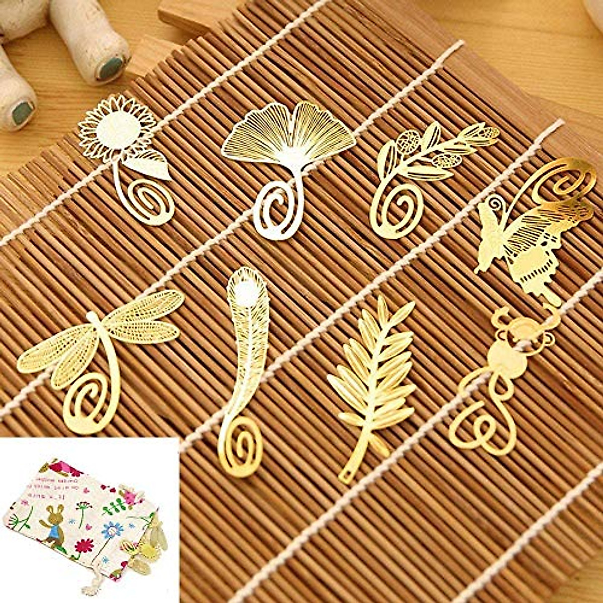 yueton Pack of 8 Cute Cartoon Art Feather Butterfly Dragonfly Gingkgo Monkey Pred Perry Sunflower Olive Branch Metal Gold Bookmarks Book Mark Reading New Novelty + Free Gift