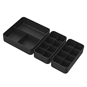 Stackable Drawer Organizer, 3 PCS Versatile Bathroom and Vanity Drawer Organizers Trays Makeup Organization and Storage Set for Lipstick, Lip Gloss, Nail Polish, Cosmetics, Skincare, Jewelry, Black