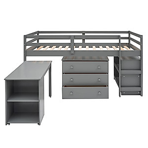 Harper & Bright Designs Low Loft Beds with Desk, Study Twin Size Loft Bed with Storage Cabinet,Wooden Junior Loft Bed Twin for Kids Girls Boys,Gray