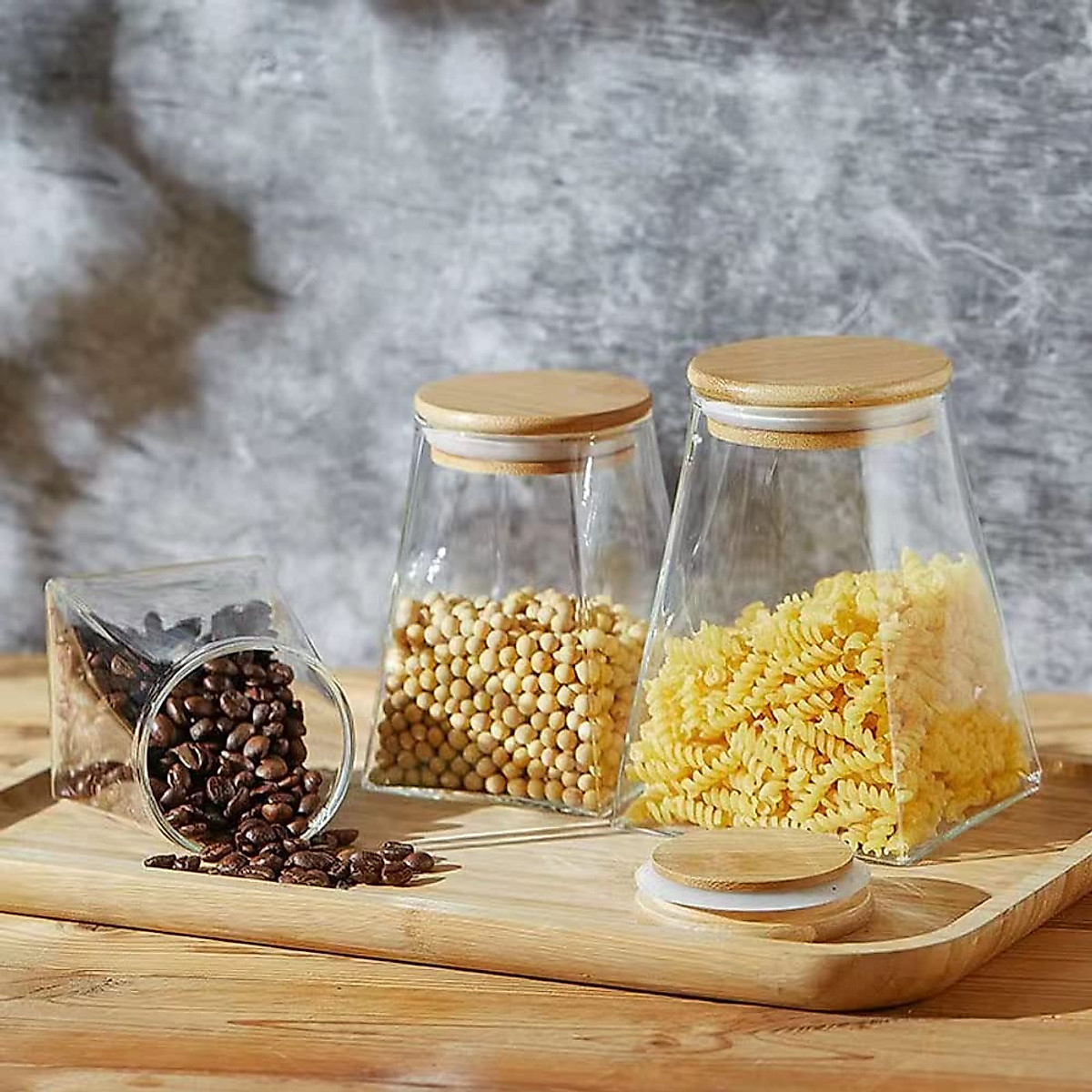 WEIRUIFANZHI 3 Pack Glass Food Storage Jars with Bamboo Lids Set Clear Airtight Canisters Kitchen Decorative Containers for Candy,Cookie Coffee,Sugar,Spice(17OZ/25OZ/32OZ)