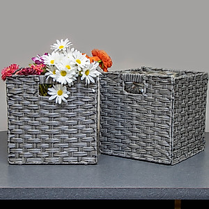 Foldable Synthetic Plastic Wicker Storage Basket with Iron Wire Frame By Blue Ridge Basket Company (Set of 2)