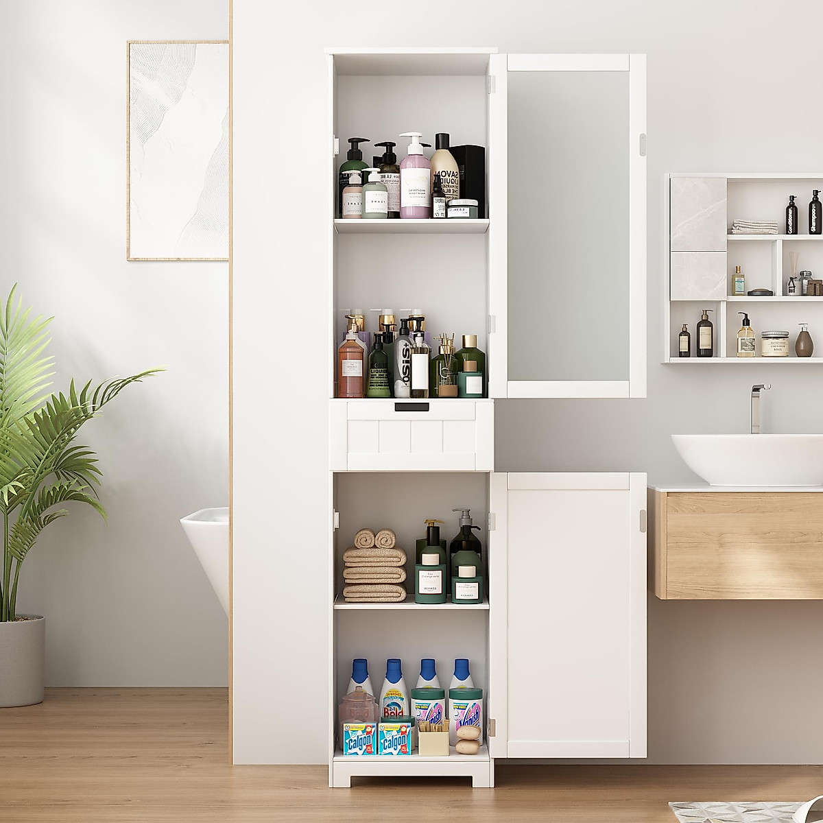 Hlivelood 67Inch Bathroom Cabinet, Tall Bathroom Storage Cabinet with Drawer and Adjustable Shelf, Floor Freestanding Cabinet for Bathroom, Kitchen, Living Room, White