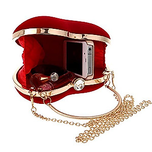 LABANCA Women Ladies Heart Shape Handbag Clutch Suede Party Bag Solid Evening Bag Velvet Chain Shoulder Bag Red