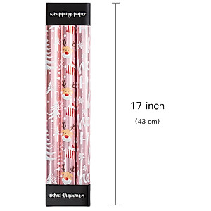 Afucus Reversible Pink Christmas Wrapping Paper, Christmas Tree, Joy Candy Cane, Snowflake, Reindeer, and HO Santa Laughter Themed Gift Wrap Paper, Mini Rolls for Christmas (17 Inch X 120 Inch)