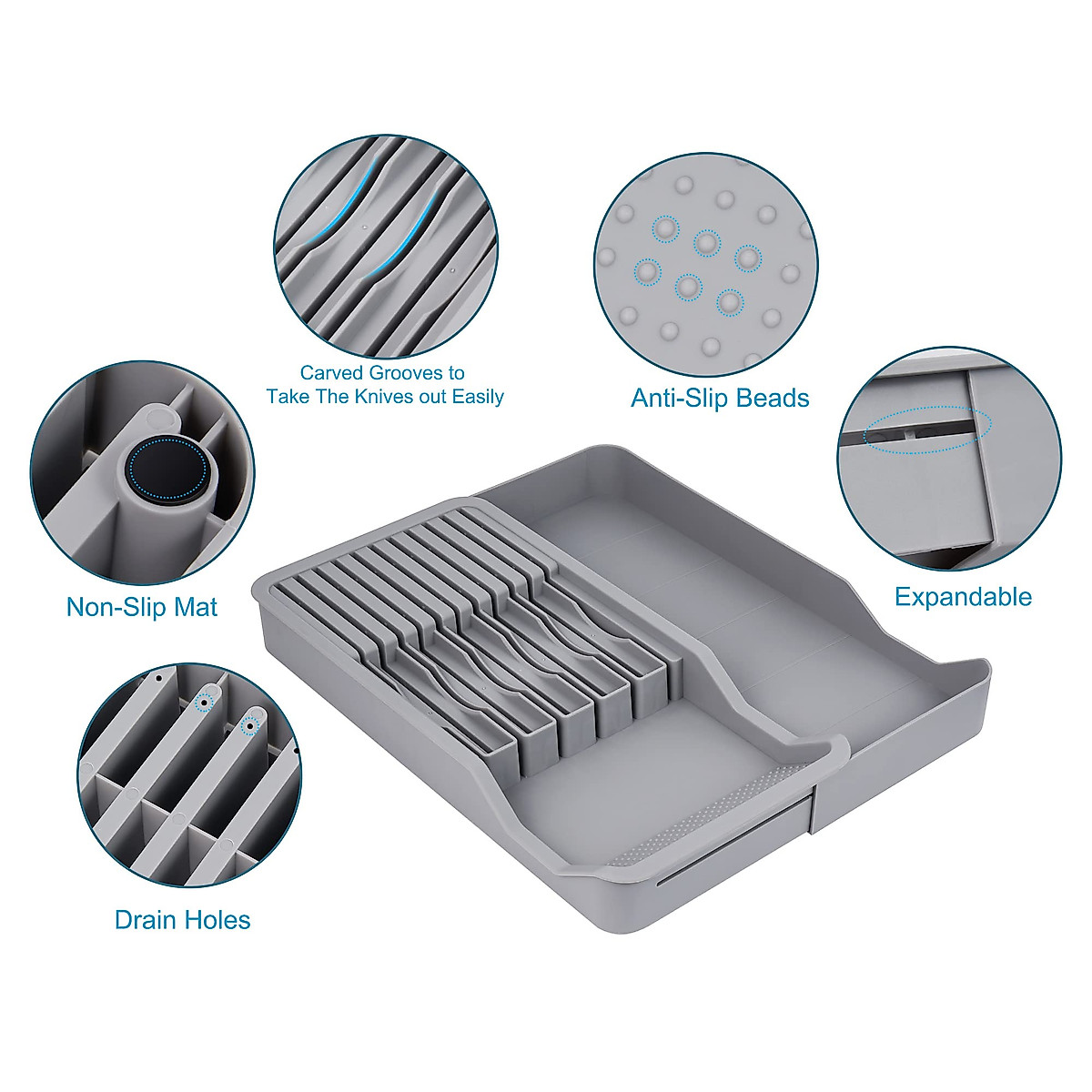 SOMIER Expandable Knife Organizer, Kitchen Drawer Knife Block with Adjustable Compact Flatware Cutlery Tray for Cooking Utensils, 2 Tier Knife Holder Insert for 11 Knives Storage, Gray
