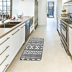Kitchen Rug Mat Ethnic Boho Style Black White Non-Slip Absorbent Runner Rug for Kitchen Floor, Entryway, Hallway and Dining Room, Machine Washable Carpet