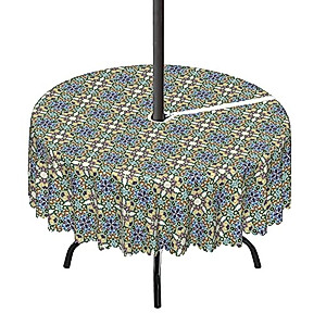 Lirduipu Damask Pattern Round Outdoor Tablecloth,Round Table Cloth Washable Water Resistance Tablecloth with Umbrella Hole Zippered,for Patio Garden Tabletop Decor(72" Round,Multicolor)