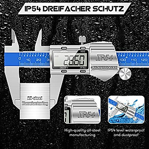 Digital Calliper, 150 mm Stainless Steel Measuring Gauge Measuring Tools Splashproof Dustproof with Replacement Battery and Large Display for Household and Industry