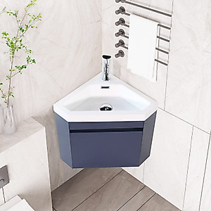 wonline 16" Corner Bathroom Vanity Sink Combo for Small Space Wall Mounted Cabinet Set Design Navy Resin Basin Sink Top Chrome Faucet and Drain