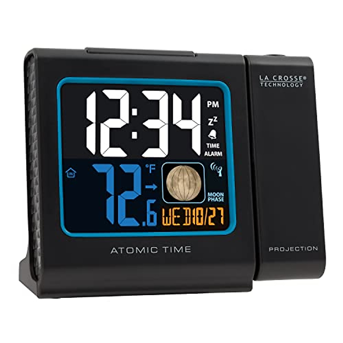 La Crosse Technology 616-146A 5-Inch Color Atomic Projection Alarm Clock with Moon Phase, Black, 5.23"L x 1.96"W x 4.33"H