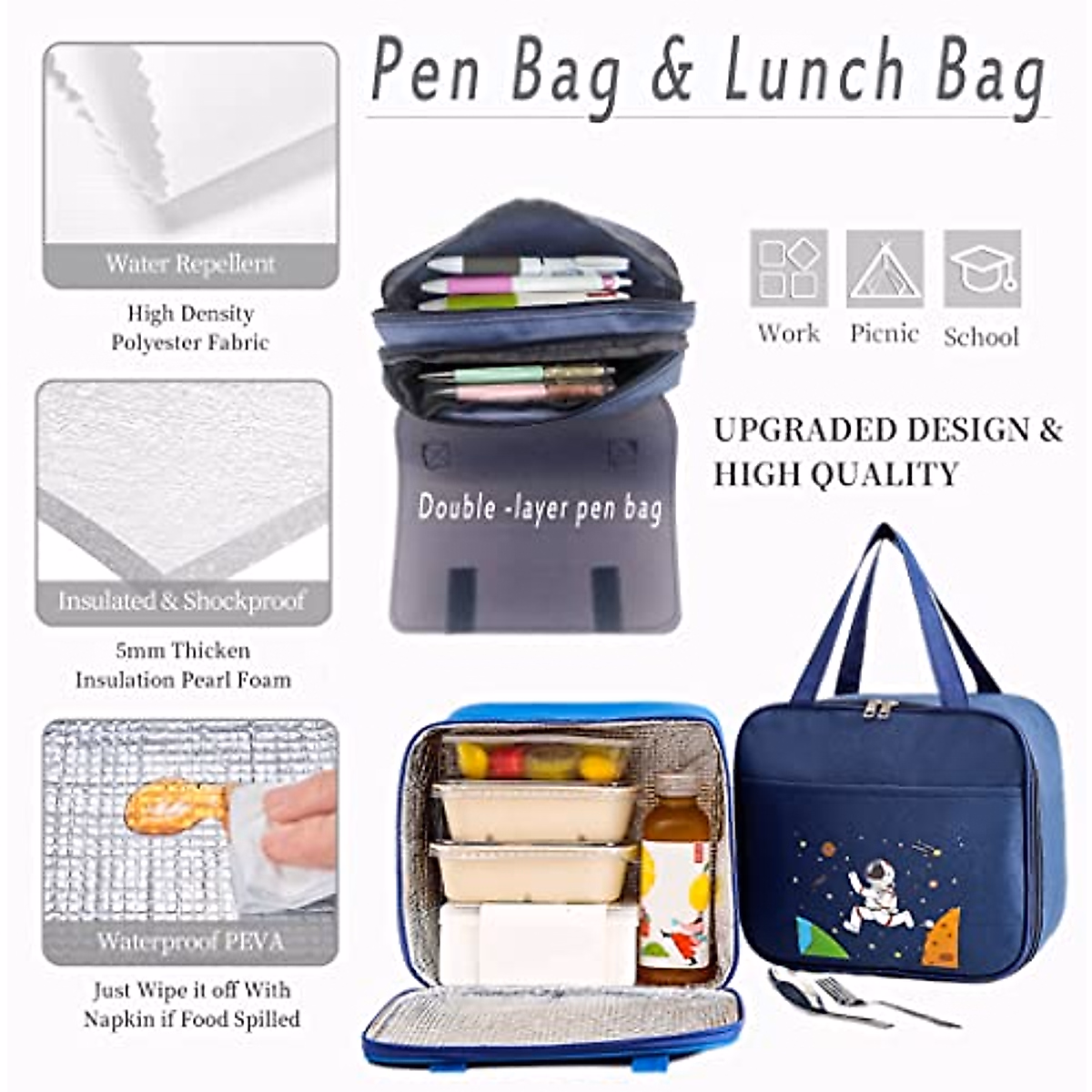 IHZZ Boy Backpack, Backpack for Boys, Cute Kid Backpack, Waterproof Lightweight Schoolbag Backpack with Lunch Bag and Pencil Case, Blue(3 PCS Set)