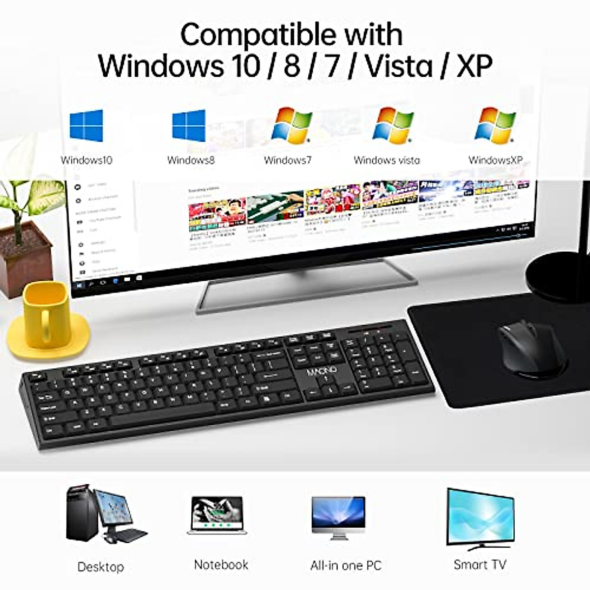MAONO Wireless Keyboard and Mouse Combo, 2.4G USB Wireless Keyboard Mouse Full Size with Mouse Pad for Laptop, PC, Compatible with Mac, Windows XP/7/8/10, Long Battery Life(Battery Included)