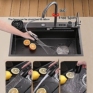 Drop In Kitchen Sink Stainless Waterfall Kitchen Sink Smart Kitchen Sink, Modern Single Basin Kitchen Sinks With Glass Washer For Sink, Workstation Sink With Pull Down Sprayhead Faucet ( Size : 75x45x