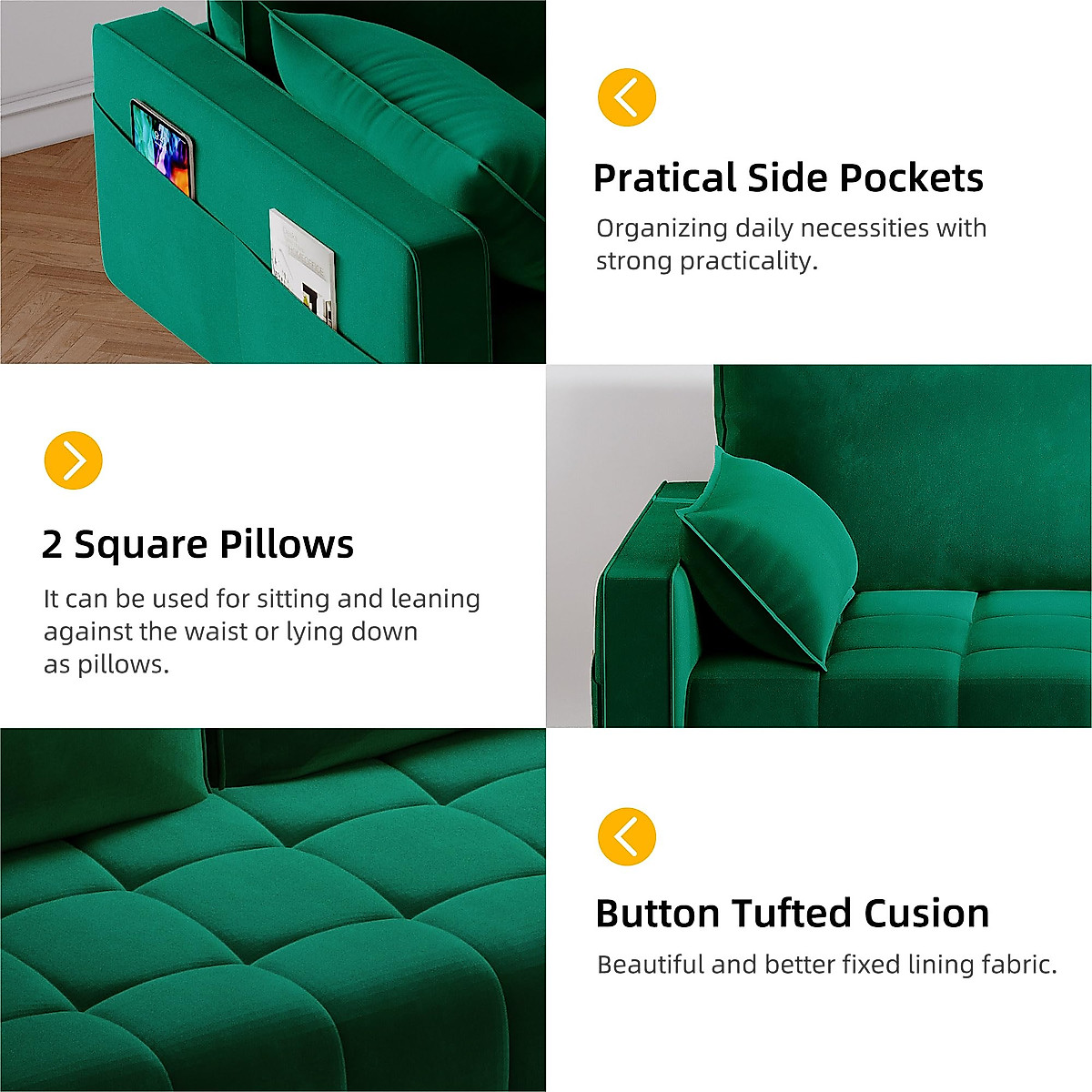 DWVO 70" Loveseat Sofa, Velvet Fabric Sofa Couch for Small Space, Modern Loveseat with Button Tufted Seat and Side Storage Pockect, 3 Seater Couch for Living Room Bedroom, 2 Pillows Included, Green