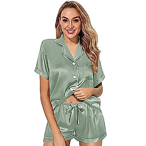 WJing Yi Jia Womens Pajama Sets Silk Satin Pajamas Set Short 2Pcs Pj Sets Button Down Pjs Set Sleepwear Loungewear