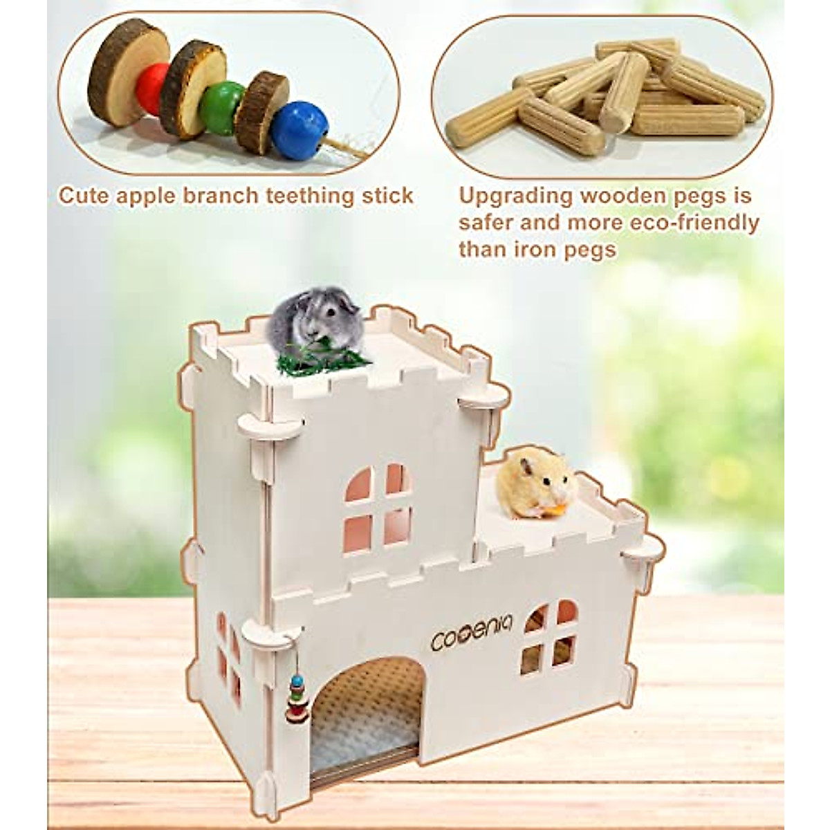 Cooenia Castle Chinchilla House, Hamster Wooden Large 2 Floor Guinea Pig Hideout Play House Hut with Windows, Door and Apple Sticks for Hedgehog Gerbil Hamster Small Animal Habitat