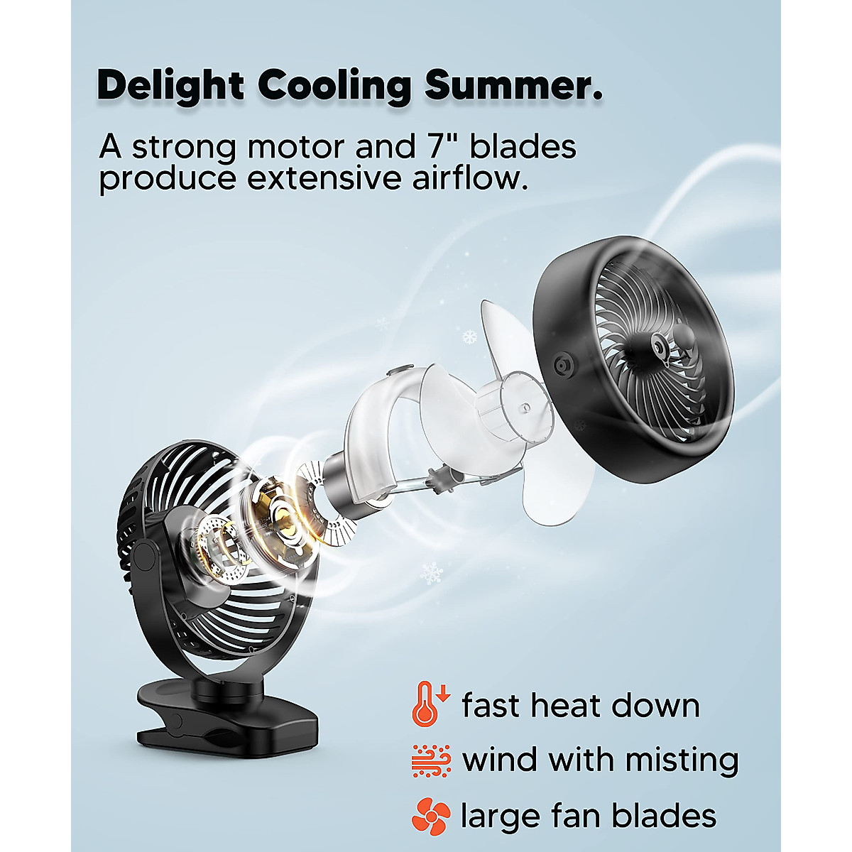 TYZU 7 Inch Portable Fan, Misting Fan, 4000 mAh Battery Operated Fan, Outdoor Misting Fan With 2 Mist Modes & 4 Speeds, 130ml Tank, 360° Rotatable, Clip on fan For Outside Camping Stroller Golf Cart