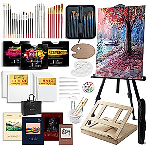 Large Deluxe Artist Painting Set, 139-Piece Professional Art Paint Supplies Kit w/Aluminum Field & Wood Table Easel for Adults, Acrylic, Oil & Watercolor Paints, Brushes, Canvases, Sketch Pads & More