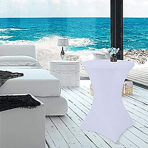 RELIANCER 2 Pack 30inch Highboy Cocktail Round Spandex Table Cover Four-Way Tight Fitted Stretch Tablecloth Table Cloth for Outdoor Party DJ Tradeshow Banquet Vendor Wedding(2PC 30''X42'',White)