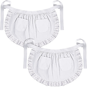 JaGely 2 Pieces White Aprons for Women Ruffle Lace Waist Half Apron with 2 Pockets Vintage Apron Costumes Maid Waitress Apron for Kitchen Cooking Restaurant Shop Halloween Christmas Cosplay