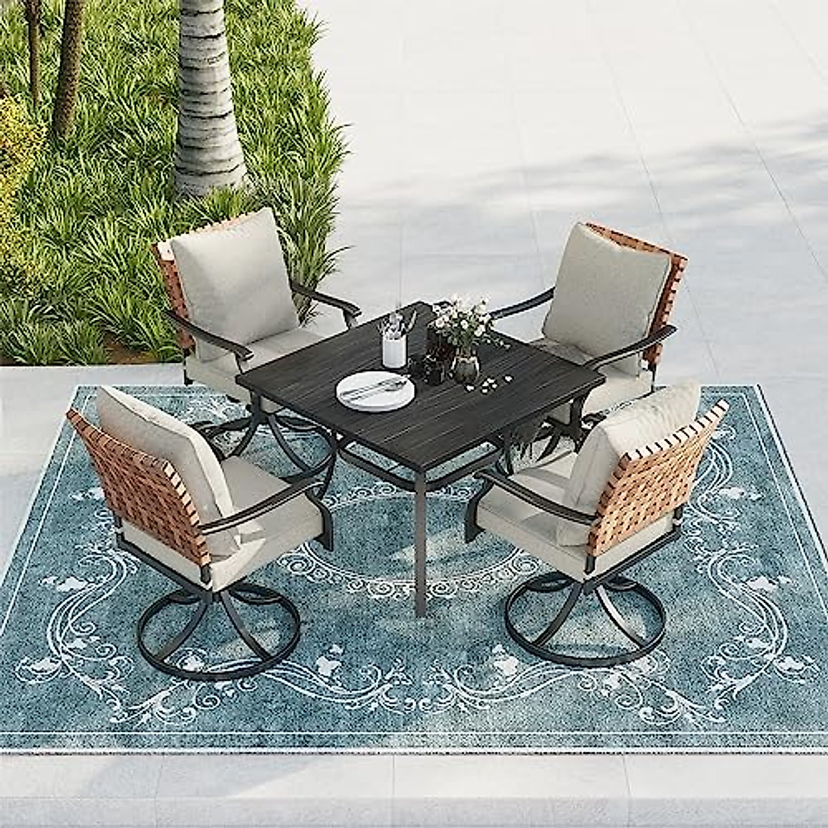 Grand patio 5-Piece Outdoor Dining Set, 4 Steel Leather-Look Resin Wicker Swivel Patio Chairs & 1 Square Dining Table, Black