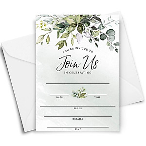 Printed Party Fill-in Invitations and Envelopes, Eucalyptus Greenery, Set of 25