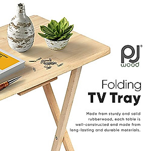 PJ Wood Folding TV Tray Table & Snack Table with Storage Rack, Natural - 5 Piece Set