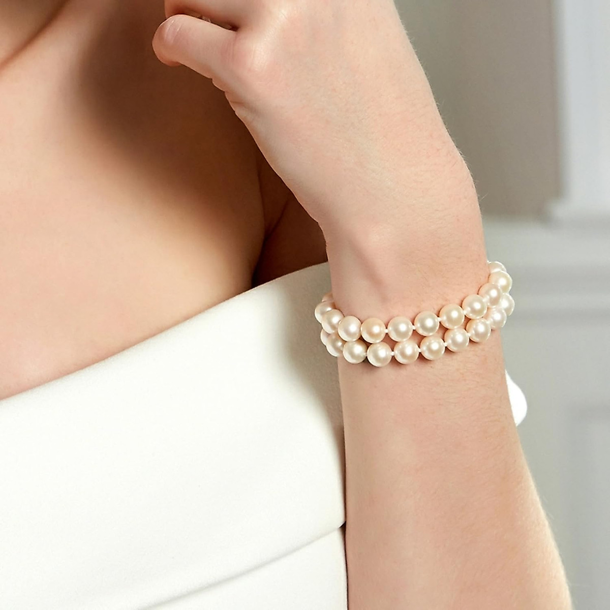 The Pearl Source Sterling Silver 6-7mm AAAA Quality Round White Double Freshwater Cultured Pearl Bracelet for Women