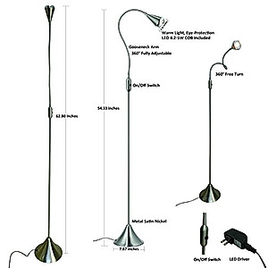HomeFocus - LED Floor Lamp, Floor Lamp,Floor Light,Eye-Caring,Floor Lamp for Living Room,Bedroom,Metal,Satin Nickel,Flexible Gooseneck,LED 5W,3000K,Warm White Light,Energy Efficient Super Bright.
