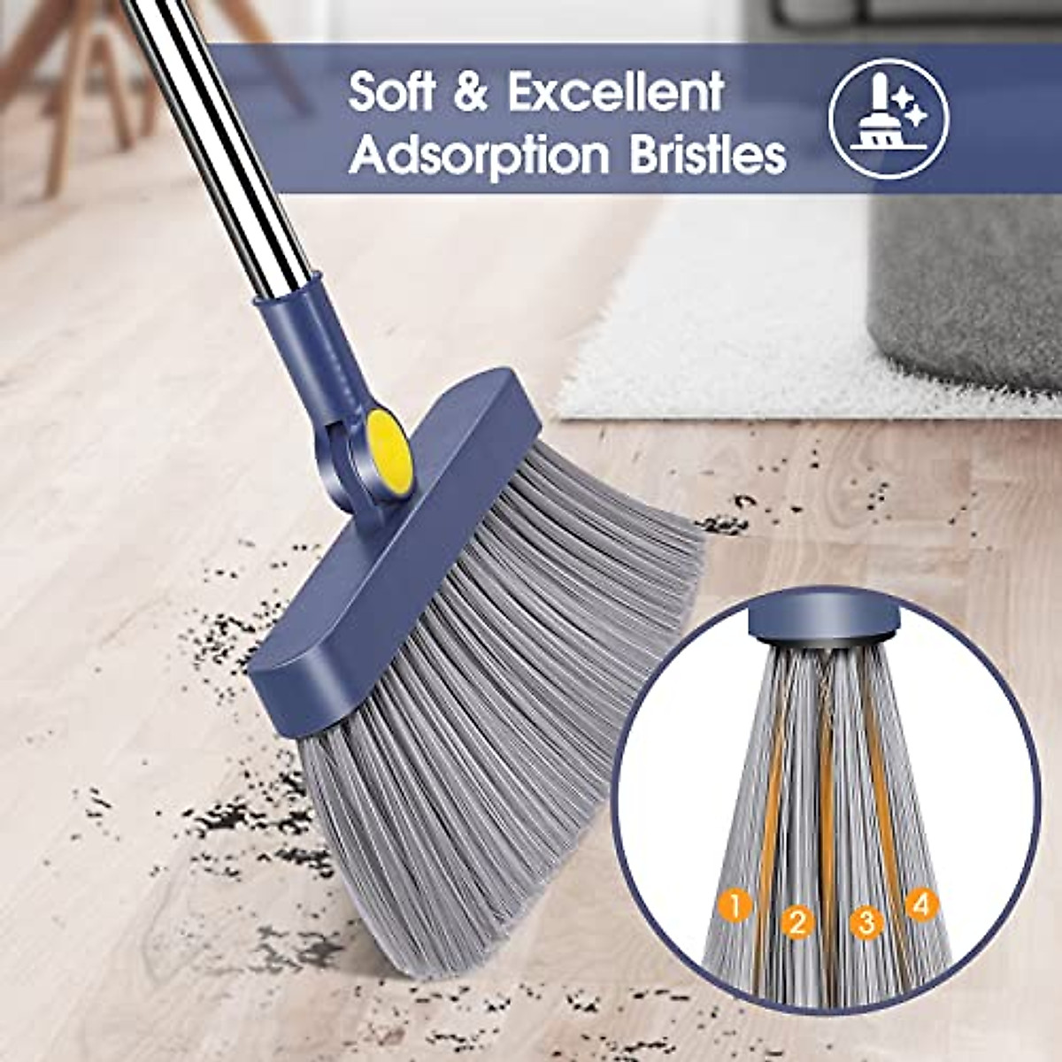 Almcmy Broom and Dustpan Set, Broom with Dustpan Combo Set, 47" Long Handle, Stand Up Dust Pan with Comb Teeth, Standing Dustpan and Broom Set for Sweeping Indoor Lobby Office Kitchen