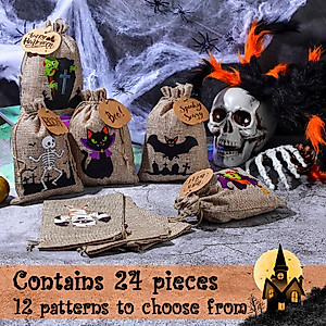 24 Pcs Halloween Burlap Treat Bags with Pumpkin Cards and Drawstring 7 x 5 Inch Halloween Linen Jute Bag Trick or Treat Burlap Candy Bag Halloween Candy Pouches for Halloween Party Favor (Funny Style)