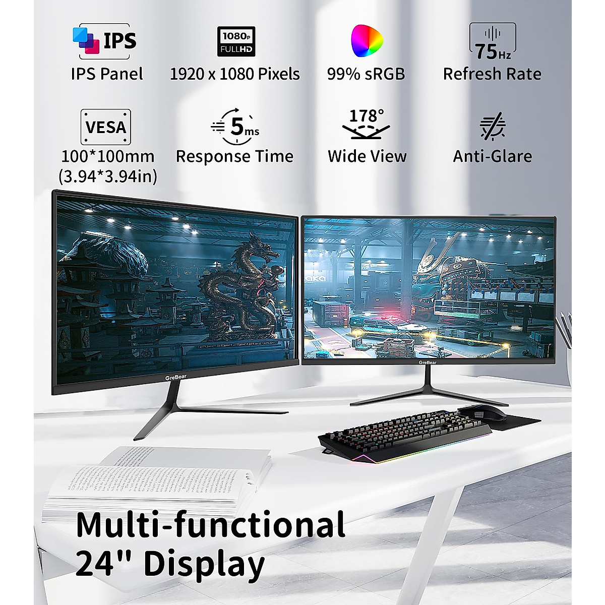 GreBear 24 Inch Computer Monitor 75Hz FHD IPS Screen 1080P PC Monitor, 5ms(GTG) 99% sRGB Low Blue Light Anti-Glare LED Desktop Display HDMI/VGA/Audio/Freesync/VESA Tilt Adjustable