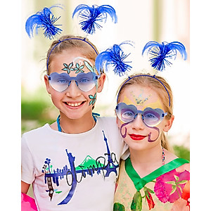 12 Pcs Tinsel Wrapped Ponytails Headband with Heart Shape Sunglasses Costume Party Faux Feather Headwear Bopper for Festival(Blue)