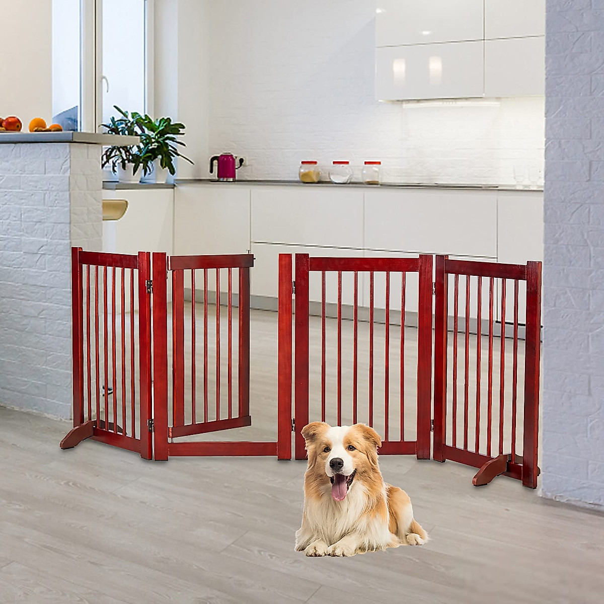 Kinpaw Free Standing Dog Gate, Configurable Wood Pet Safety Fence, Wide Barrier Gate with Walk for Doorways, Stairs or House-4 Panels
