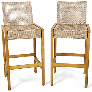 HAPPYGRILL Wicker Bar Stools Set of 2, Patio Chairs with Solid Wood Frame, Ergonomic Footrest, Indoor Outdoor Bar Height Chairs for Backyard Poolside Garden