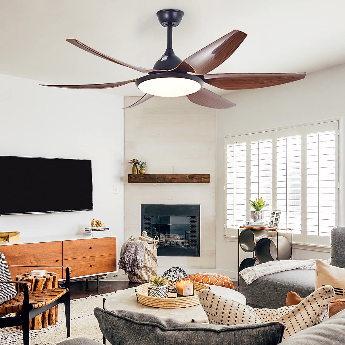 GDLT Farmhouse Ceiling Fan Chandelier, 56" Rustic Brown Ceiling Fan Light with Reversible Motor, with Remote Vintage 6 Blades Ceiling Fan Chandelier for Patio, Living Room, Dining Room