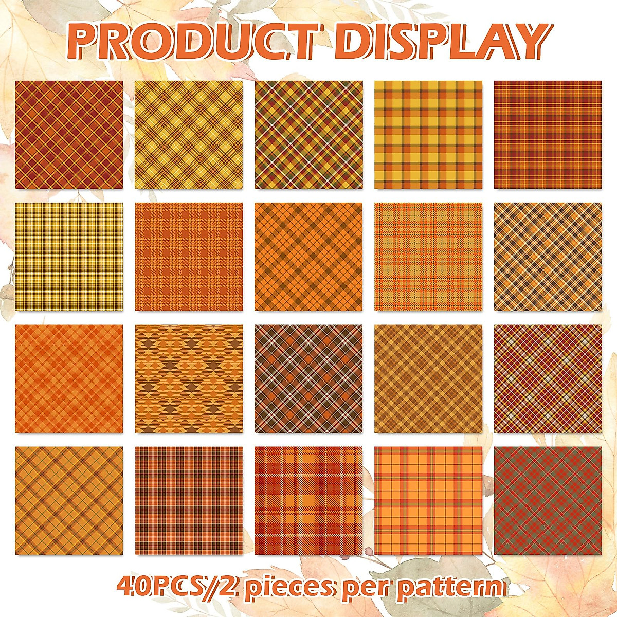 JarThenaAMCS 40Pcs Fall Cotton Fabric Bundles Orange Yellow Buffalo Plaid Fat Quarters Autumn Thanksgiving Quilting Patchwork for DIY Craft Home Party Decor, 10 x 10 Inch