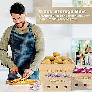 Vegetable Wooden Storage Bins, 3 PCS Potato Onion and Garlic Storage Containers Stackable Vegetable Storage Boxes with Ventilation Holes and Removable Lids for Kitchen Countertop, 6.6", 7.9", 9.1"