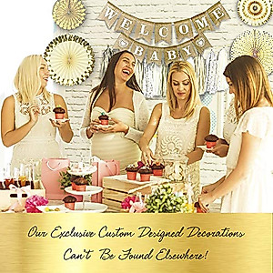 YARA Baby Shower Decorations Neutral | Woodland Rustic Boho Theme Oh Baby Decoration for Girl & Boy, Gender Reveal & Birthdays | Burlap Welcome Baby Banner, Gold & Cream Decor Paper Fans & Tassels