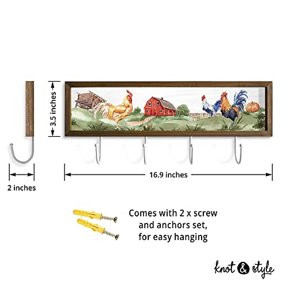 Knot and Style Rooster Decor Wall Art - Chicken Kitchen Decor (4 x Towel/Coat/Key Hooks) Made from Wood 3.5 x 16.9 & Wall Mounting Screws Country Kitchen Decor - Rooster Kitchen Decorations