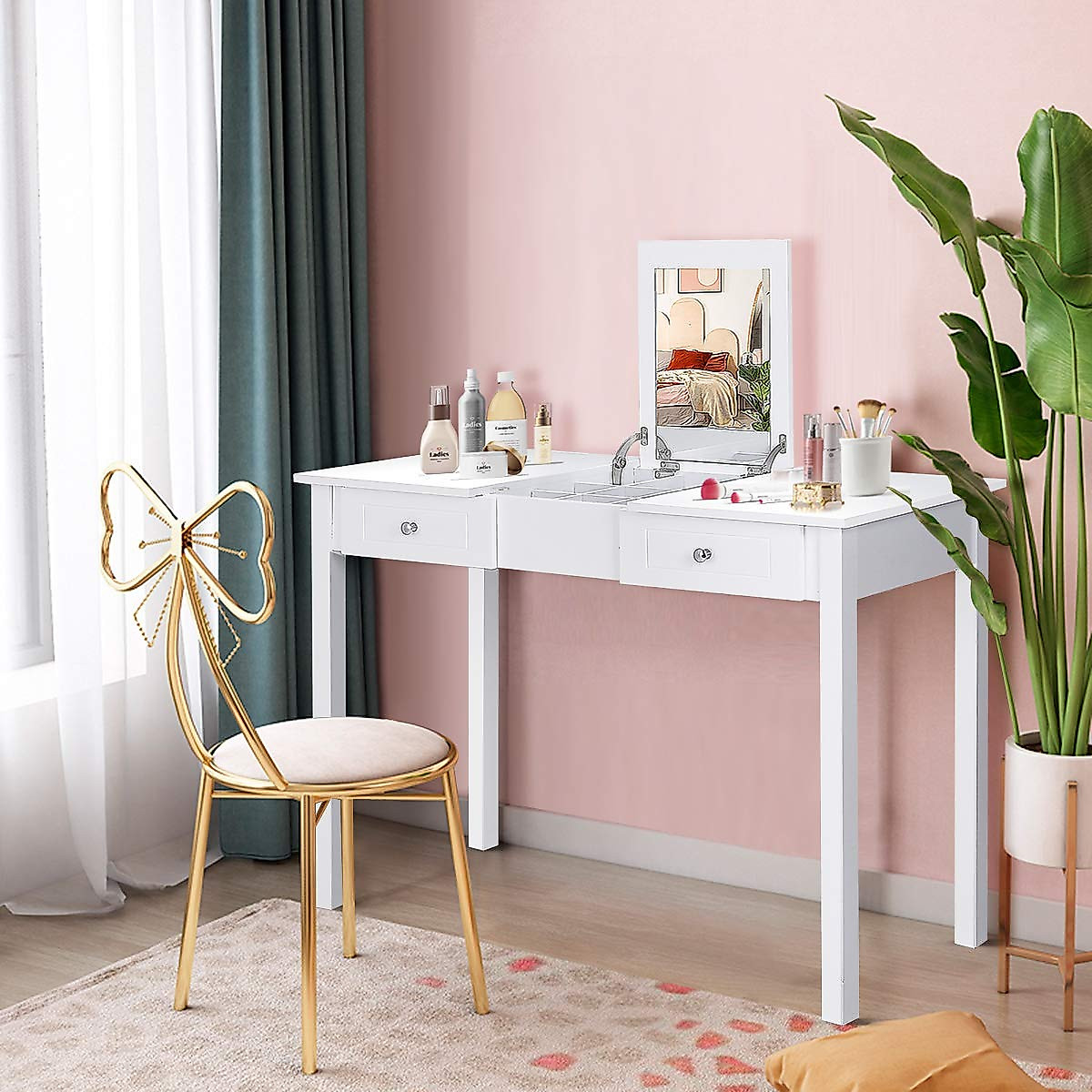 Nightcore Vanity Flip Top, Makeup Dressing Table Set with Square Mirror, 1, White