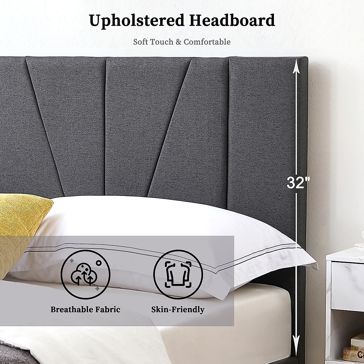 Flolinda Full Size Bed Frame Upholstered Platform with Complete Headboard and Strong Wooden Slats, No Box Spring Needed, Easy Assembly, Dark Grey