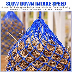 Nuenen 4 Pcs Slow Feed Hay Bag 40 Inch Hay Nets for Horses Hanging Hay Feeder for Goats 2 x 2 Inch Mesh Holes Horse Hay Bag Horse Feeding Supplies for Trailer and Stall, Simulates Grazing (Blue)