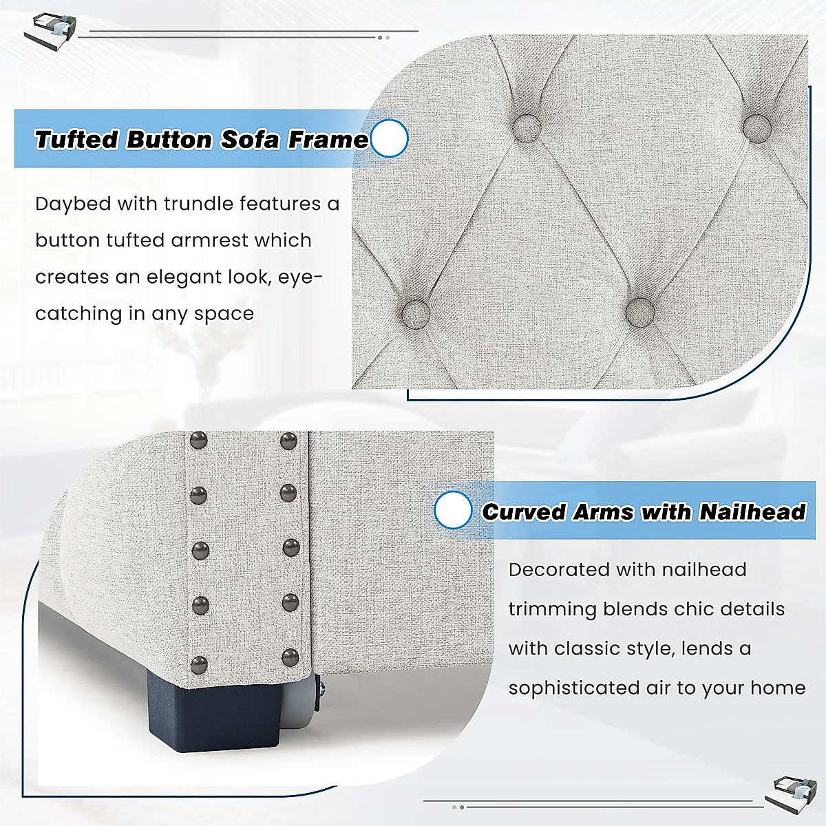 Antetek Daybed with Trundle, Modern Upholstered Full Size Button-Tufted Sofa Bed Frame with A Roll-Out Trundle, No Box Spring Needed, Furniture for Bedroom Living Room Guest Room (Beige, Full)