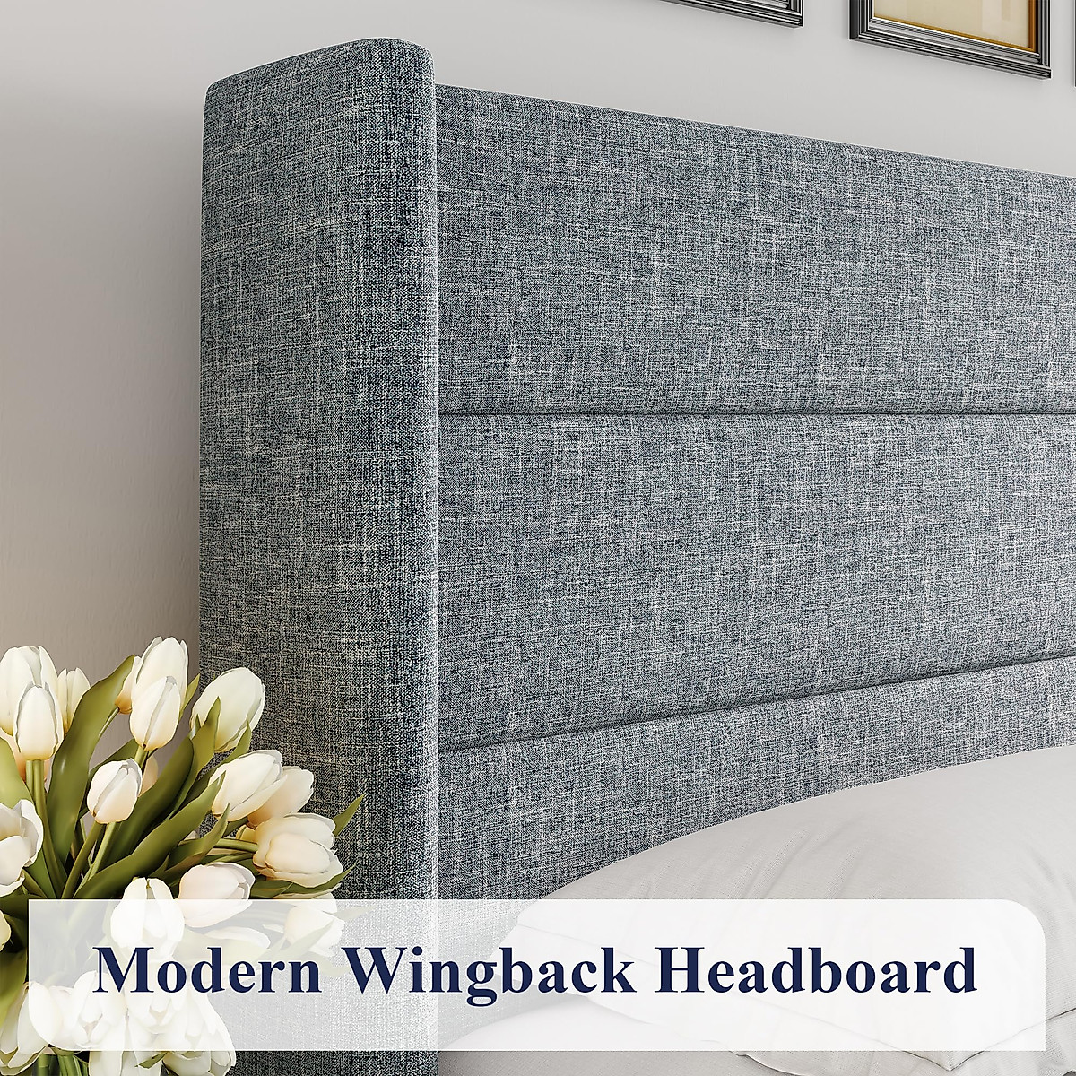 Allewie Full Size Lift Up Storage Bed, Modern Wingback Headboard, Hydraulic Support, No Box Spring Needed, Grey Blue