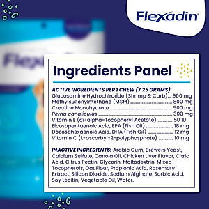 Vetoquinol Flexadin Hip and Joint Supplement with Glucosamine for Dogs, Joint Support Chew with Green-Lipped Mussel and MSM, 90-Count
