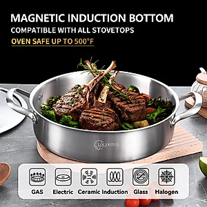 LOLYKITCH 12 Incn Tri-Ply Stainless Steel 6 QT Sauté Pan with Lid,Deep Frying pan,Large Skillet,Jumbo Cooker,Induction Pan,Dishwasher and Oven Safe.