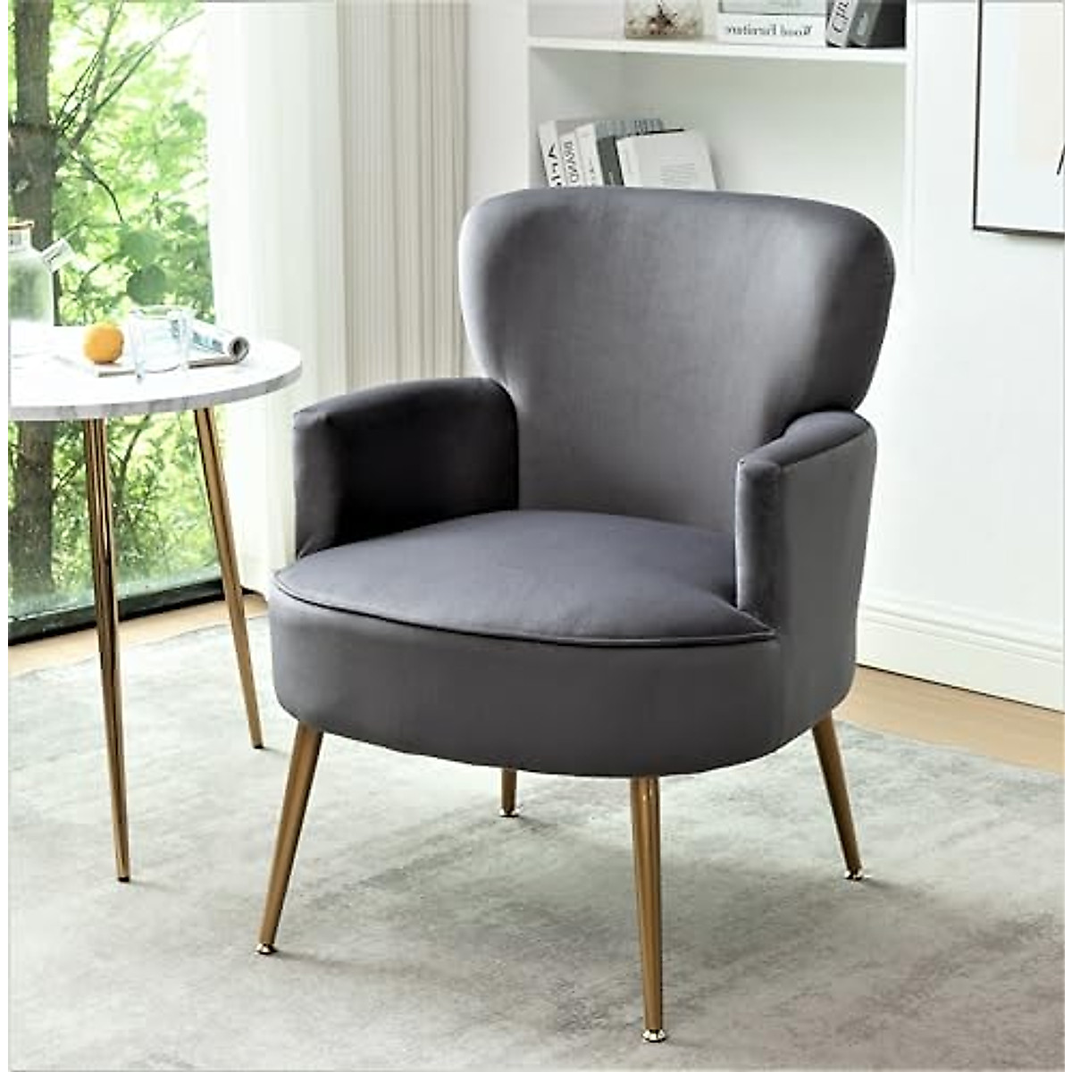 Container Furniture Direct Trendy Velvet Accent Chair with Gold Metal Legs, Upholstered Armchair for Small to Mid-Size Spaces, Modern Living Room, Bedroom, Vanity Desk and Entryway, Medium, Grey